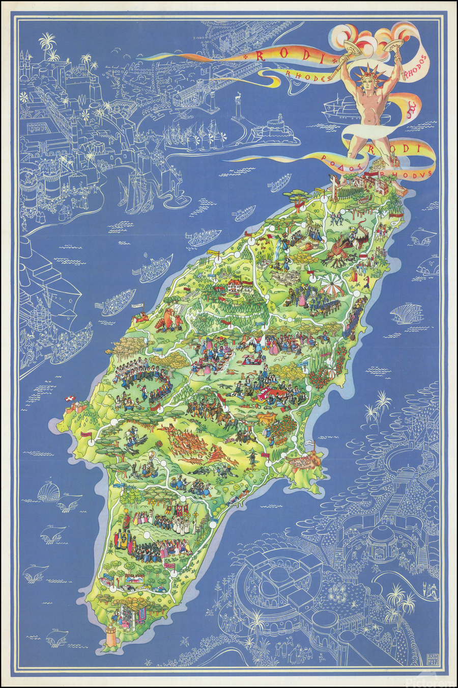 1935 Pictorial Map of Rhodes Greece by History In Your Home Wall Art