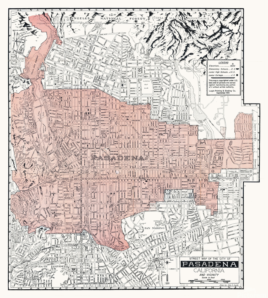 1951 Map of Pasadena California Showing Streets Parks and City Planning ...
