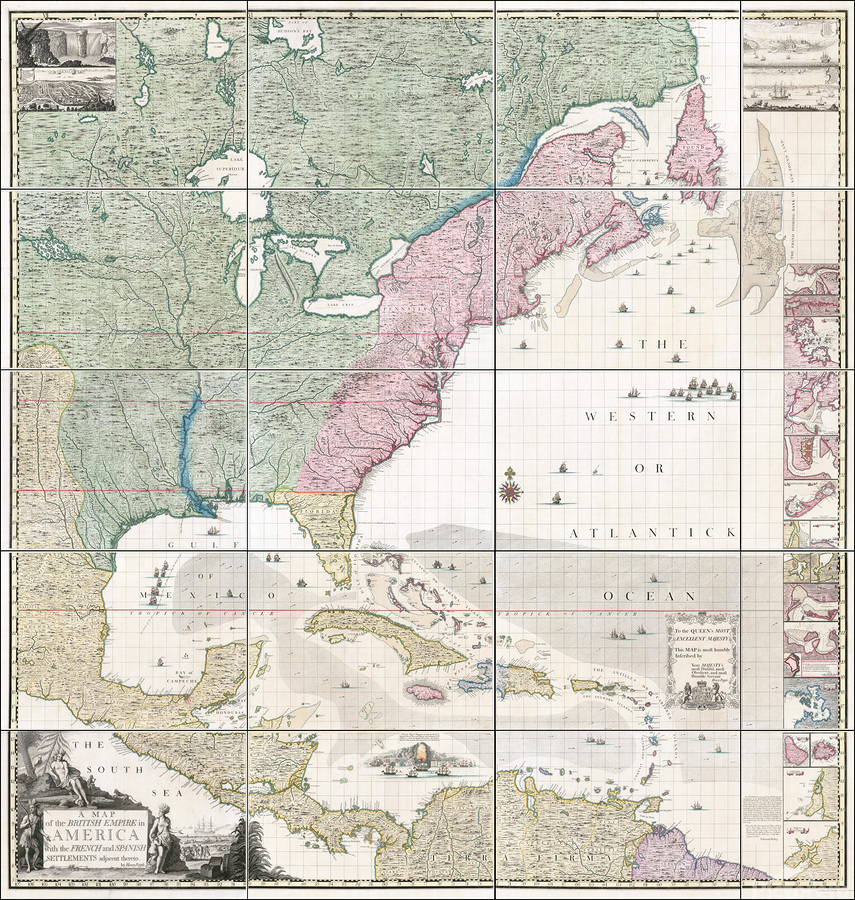 1734 Henry Popple Map of North America Showing Colonial Claims Native ...
