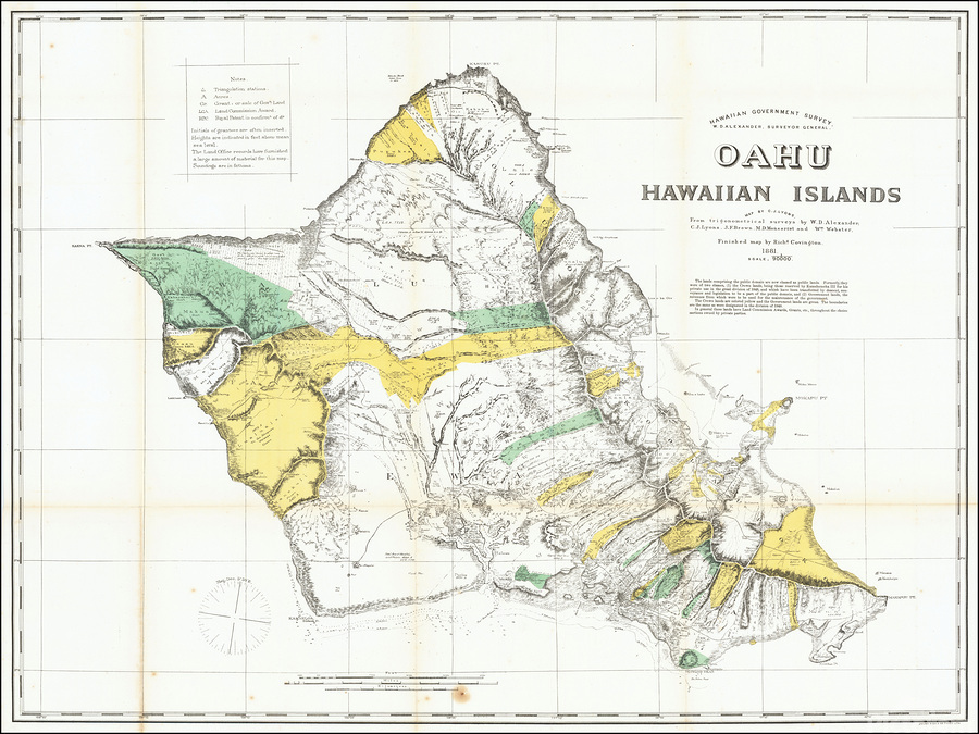 1881 Map of Oahu Hawaii Showing Topography Volcanoes and Native ...