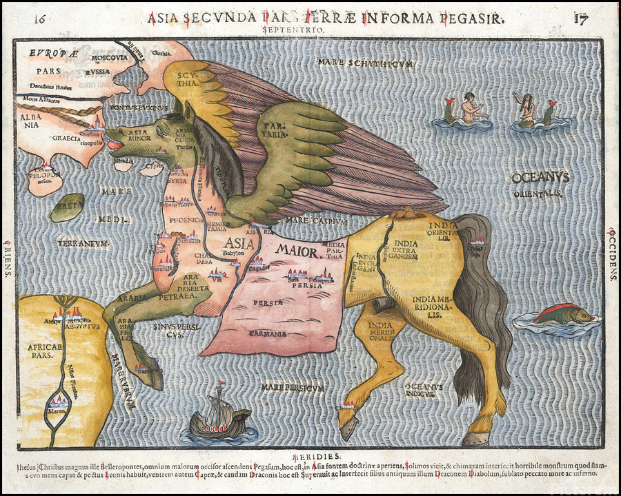 17th Century Pictorial Map of Asia as Pegasus – Allegorical Renaissance ...