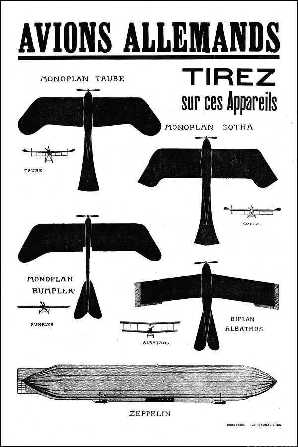 World War I Broadside Chart of German Enemy Aircraft Identifying ...