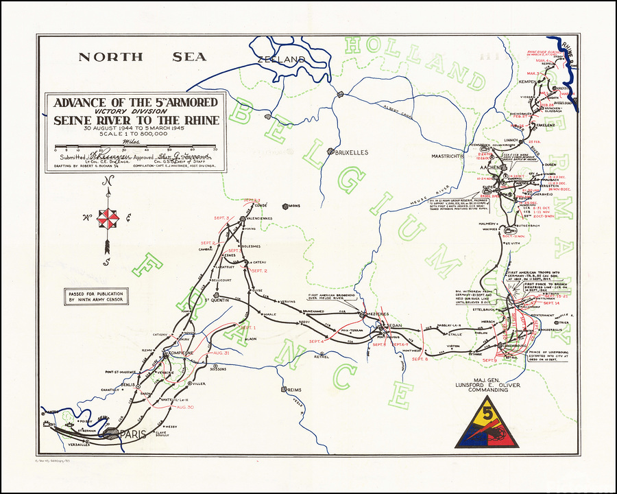 1945 Map of the Movements of the US Army 5th Armored Infantry Division ...