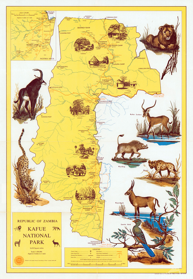 1968 Map of Kafue National Park Zambia – Detailed Safari Region Chart ...
