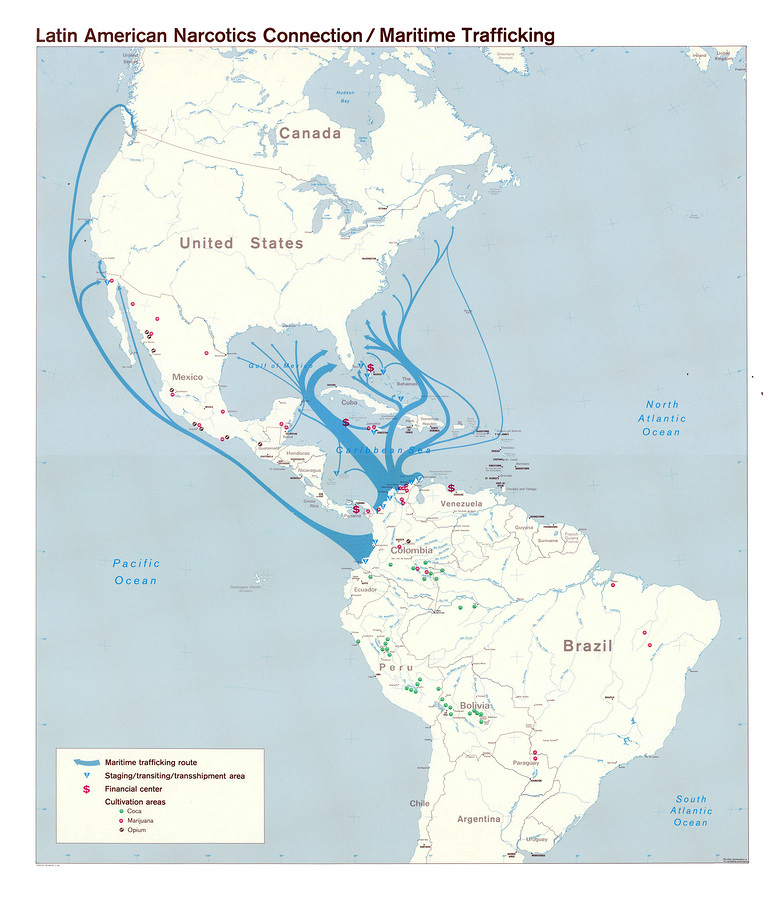 1985 CIA Map of Latin American Maritime Narcotics Trafficking Routes ...