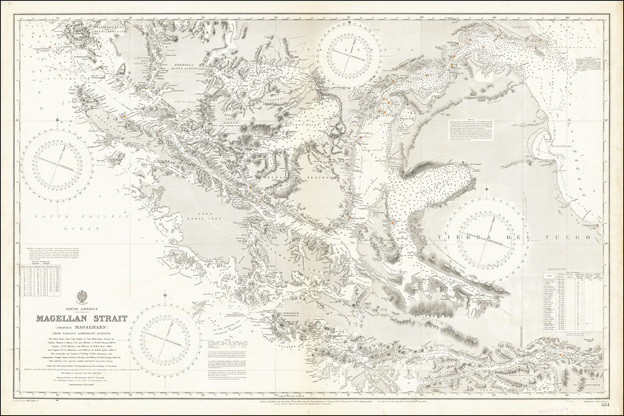 1923 Nautical Sea Chart of the Straits of Magellan Showing Coastal ...