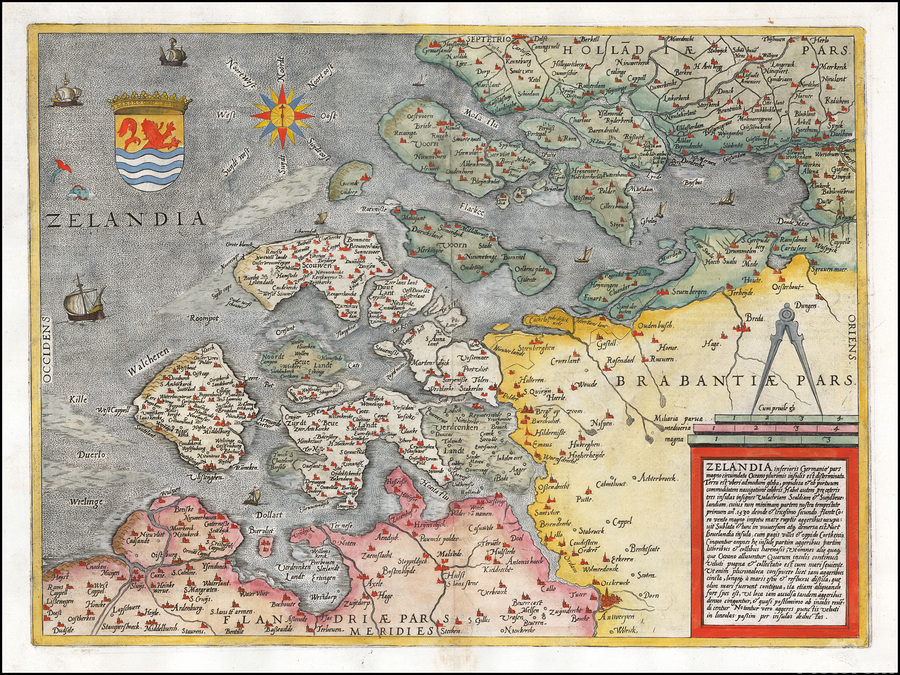 1593 De Jode Map of Zeeland Showing Coastal Inlets Fortifications and ...