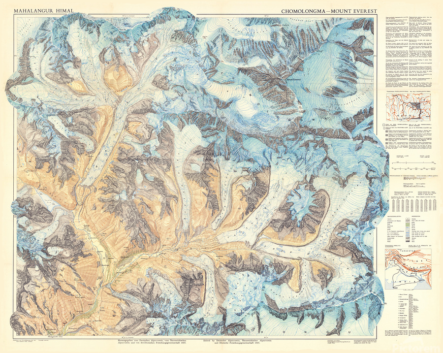 1957 Map of the Mount Everest Region – Vintage Himalayan Map Depicting ...