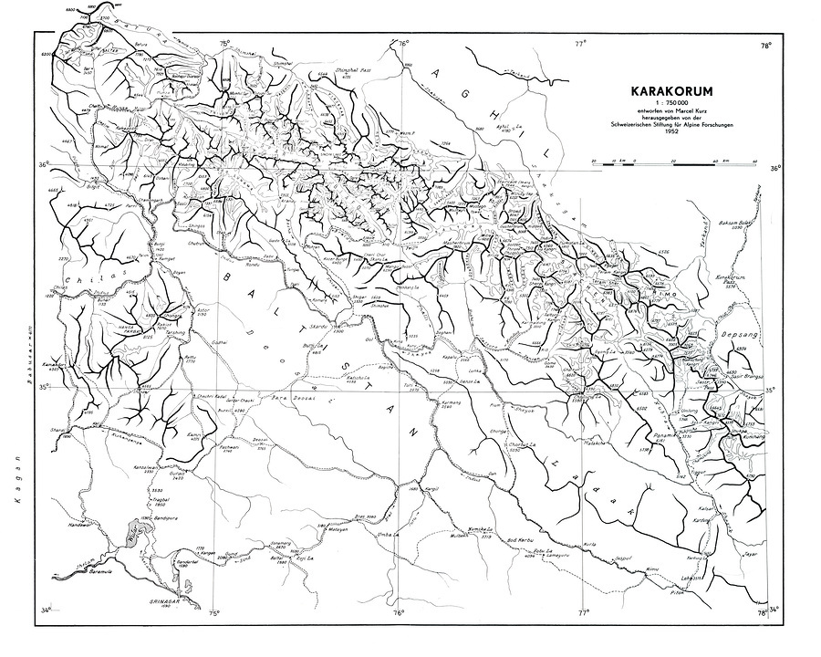 Geographic Map of the Karakoram Mountain Range Showing Major Peaks ...