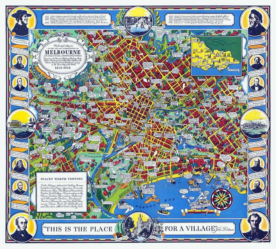 Pictorial Map of Melbourne Australia by History In Your Home Wall Art
