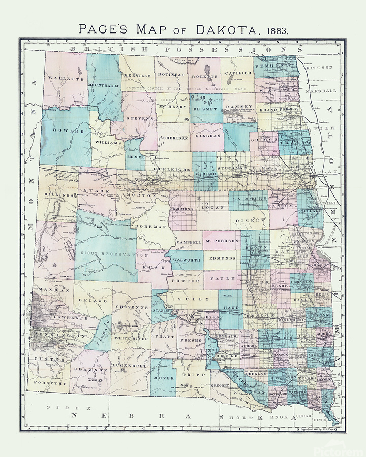 1883 Map of Dakota Territory Showing Counties Railroads and Settlements ...