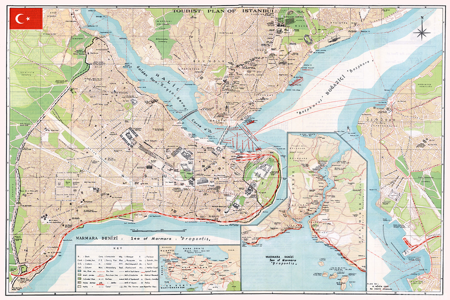 1965 Map of Istanbul Turkey Displaying Bosporus Straits Historic ...