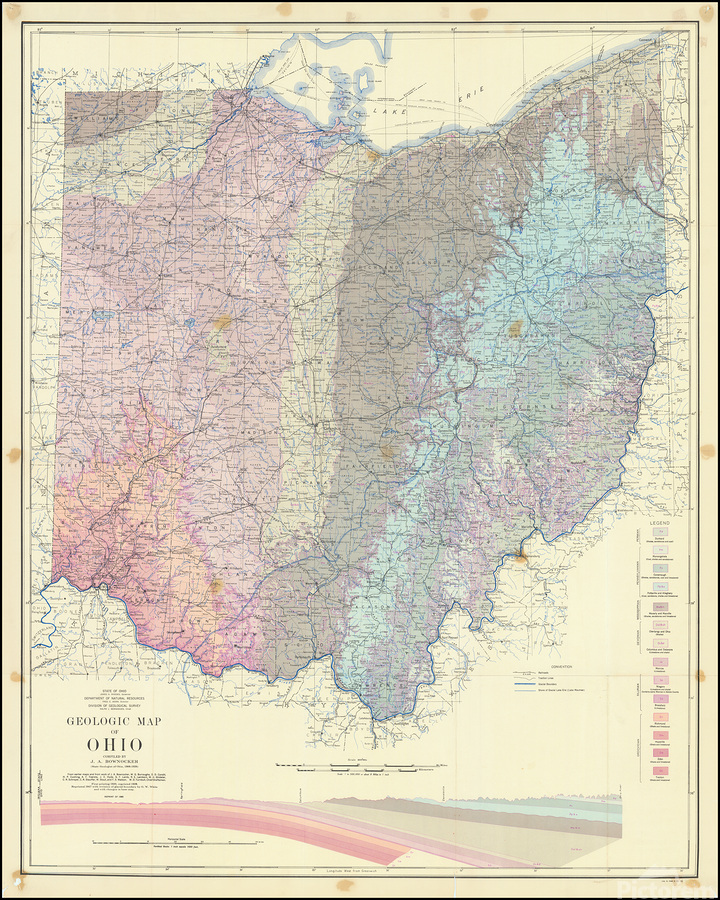 1965 Geological Map of Ohio Showing Bedrock Composition Mineral ...