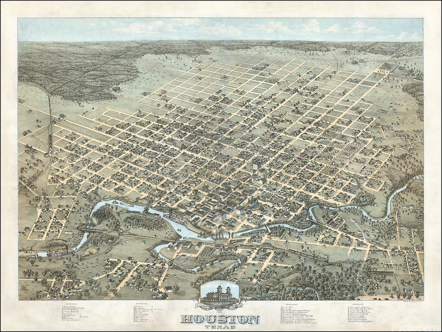 1873 Bird’s Eye Map of Houston Texas – Detailed 19th Century Aerial ...