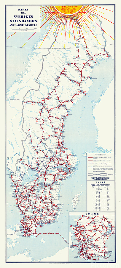 1947 Railroad Map of Sweden – Post-WWII European Transportation Map ...