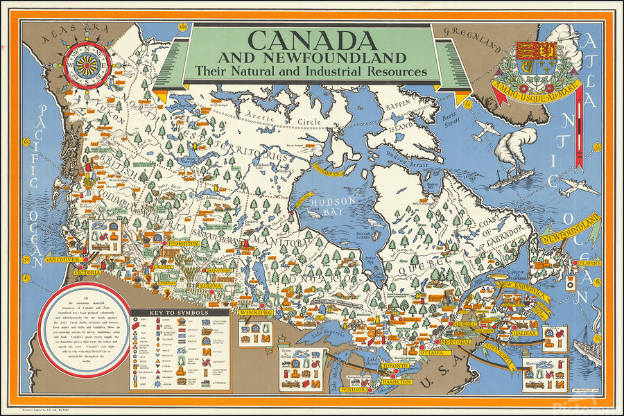 1942 Pictorial World War II Era Map of Canada Highlighting Provinces ...