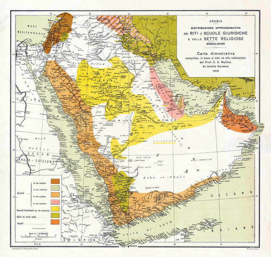 1918 Sunni and Shia Muslim Population Map of Arabia – Vintage Middle East Religious Distribution ...