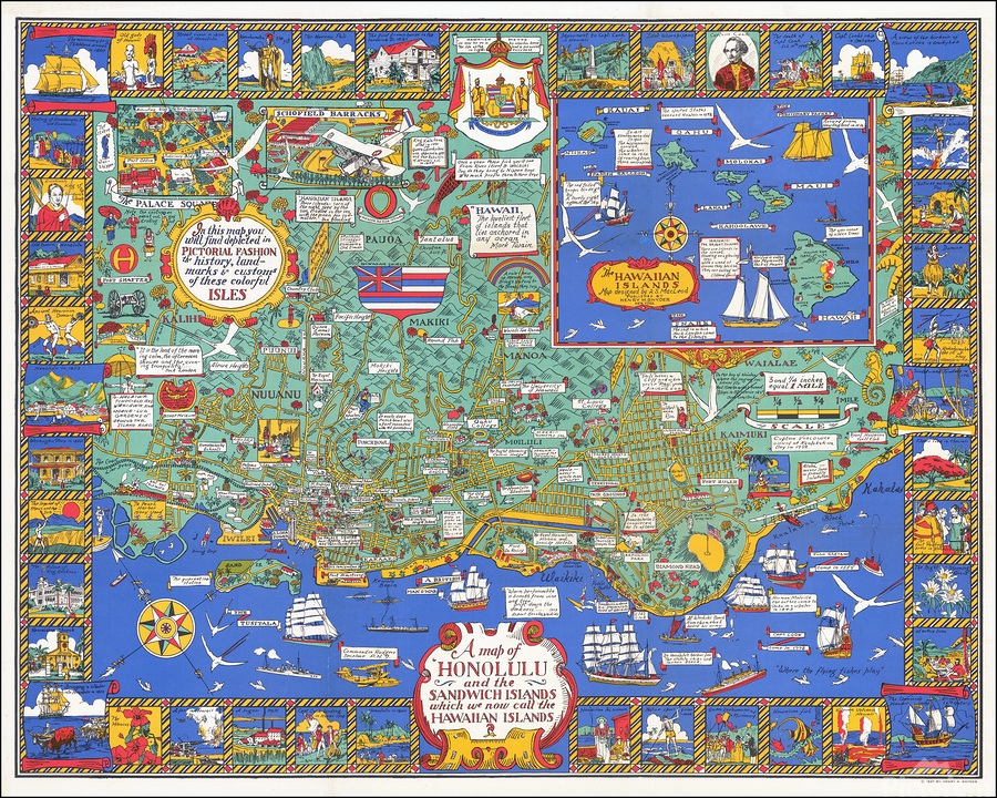 Pictorial Map of Honolulu Hawaii Depicting Landmarks Beaches and ...