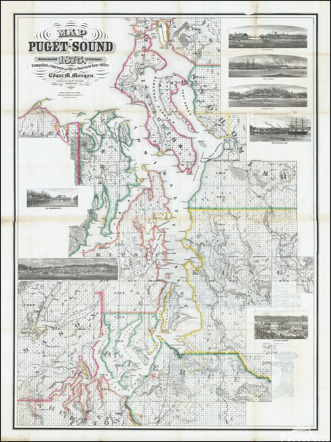 1875 Map of Puget Sound Washington Showing Coastal Features Islands and ...