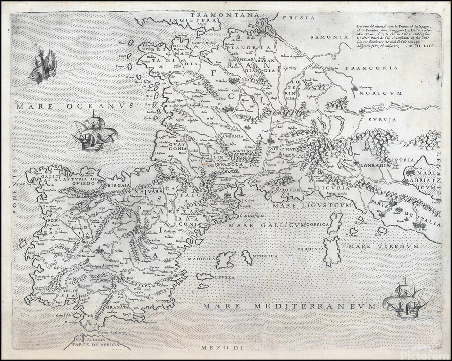 1554 Antonio Lafreri Map of France and the Iberian Peninsula by History In Your Home Wall Art