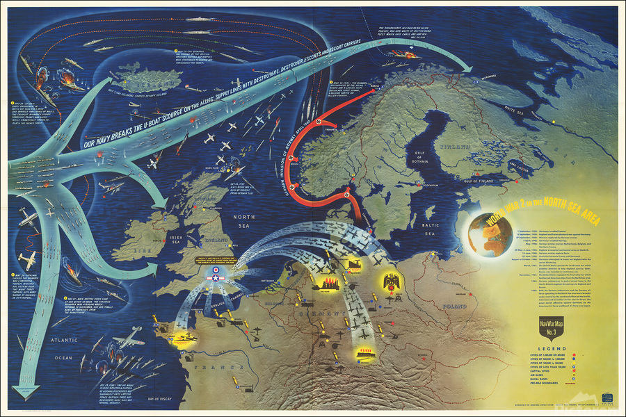 1944 US Navy Pictorial Map Showing Naval Operations Convoy Routes and ...