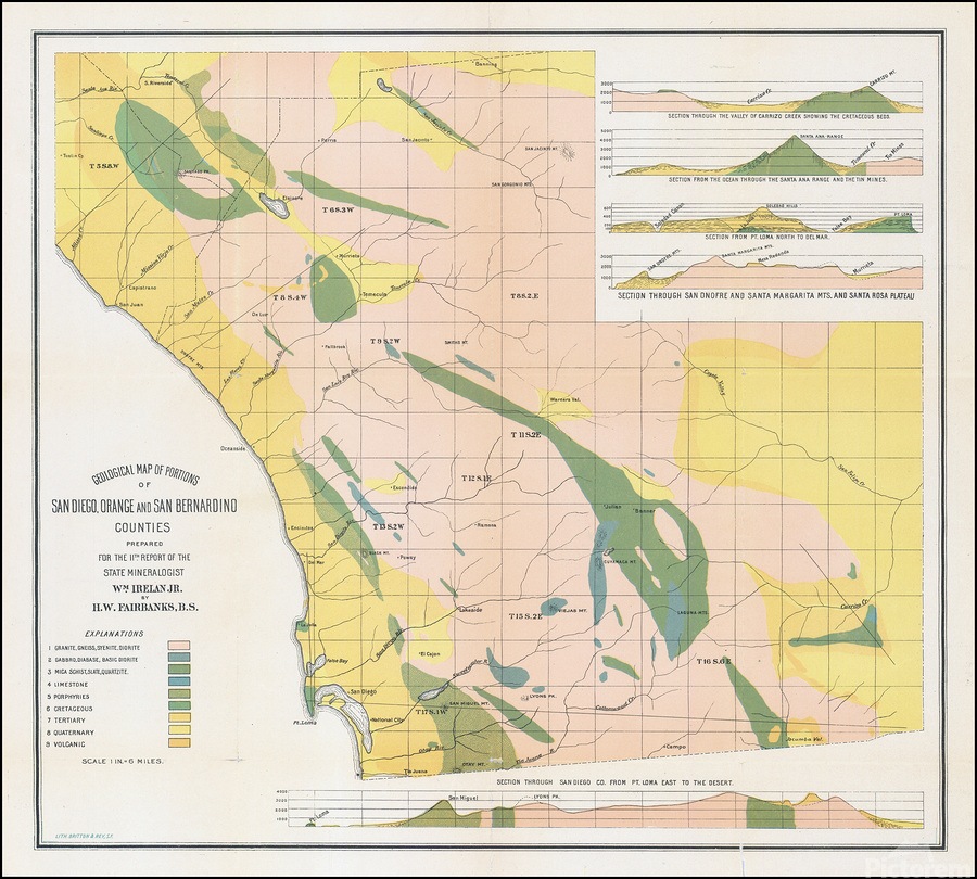 1893 Geological Map of San Diego Orange and San Bernardino Counties ...