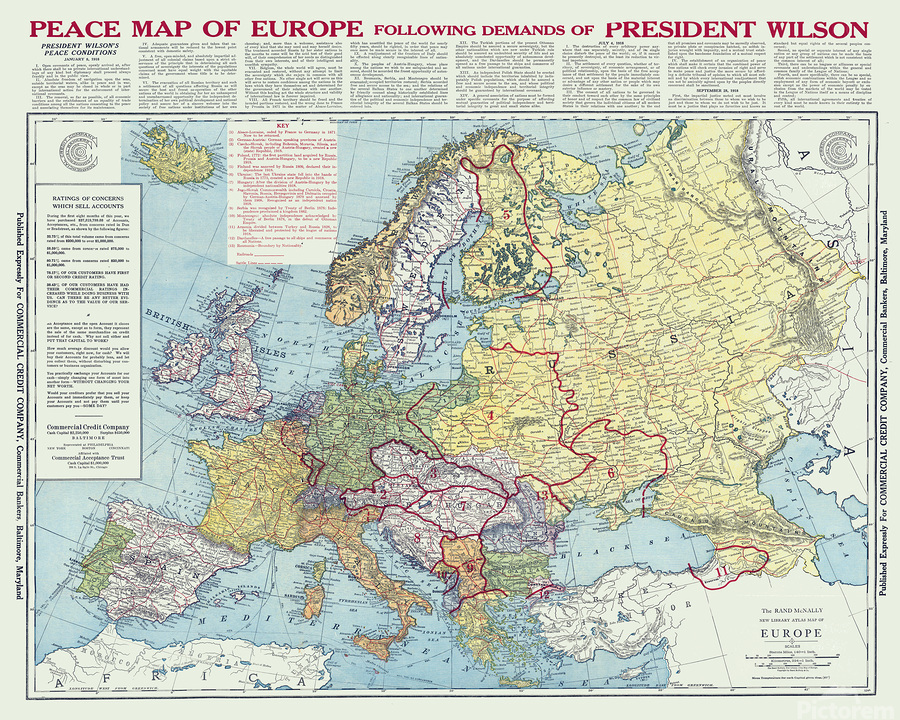 1918 Peace Map of Europe – Post-World War I Vision of European ...