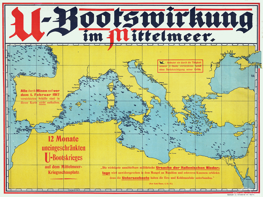 1917 German WW1 Map of Sinking of Entente Ships by German U-Boats in ...
