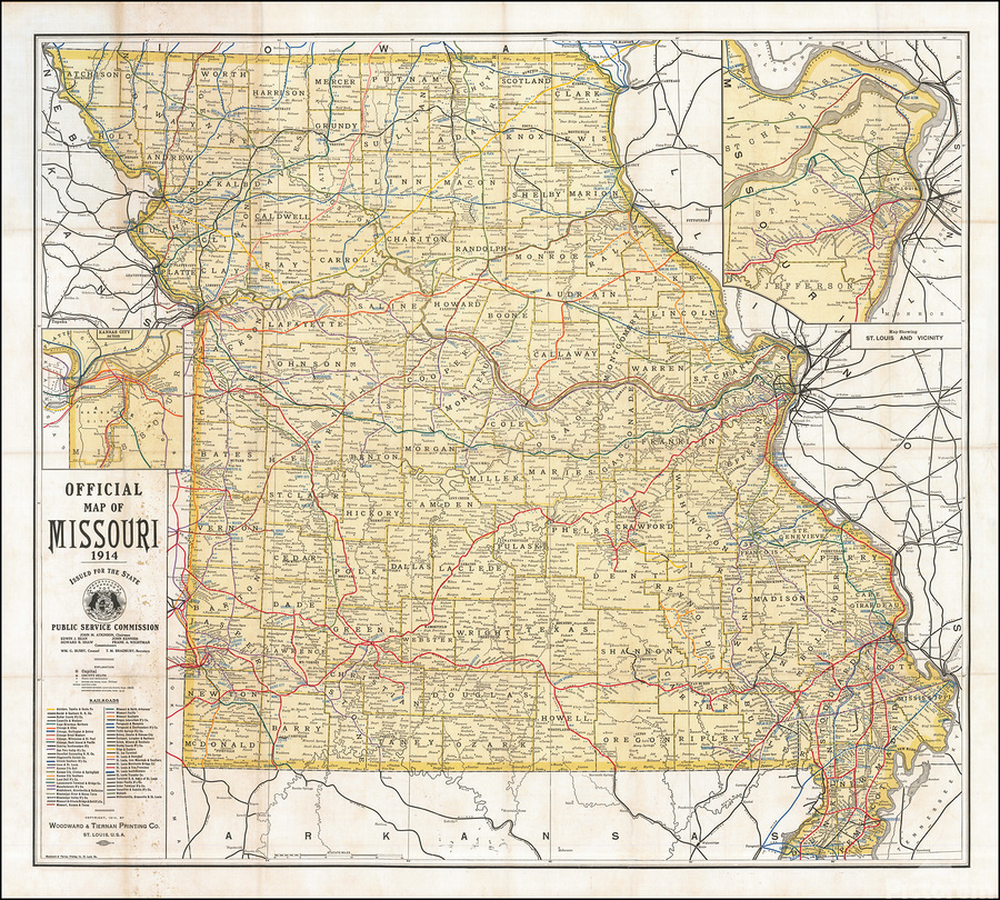 1914 Map of Missouri – Detailed State Map Showing Counties Railroads ...