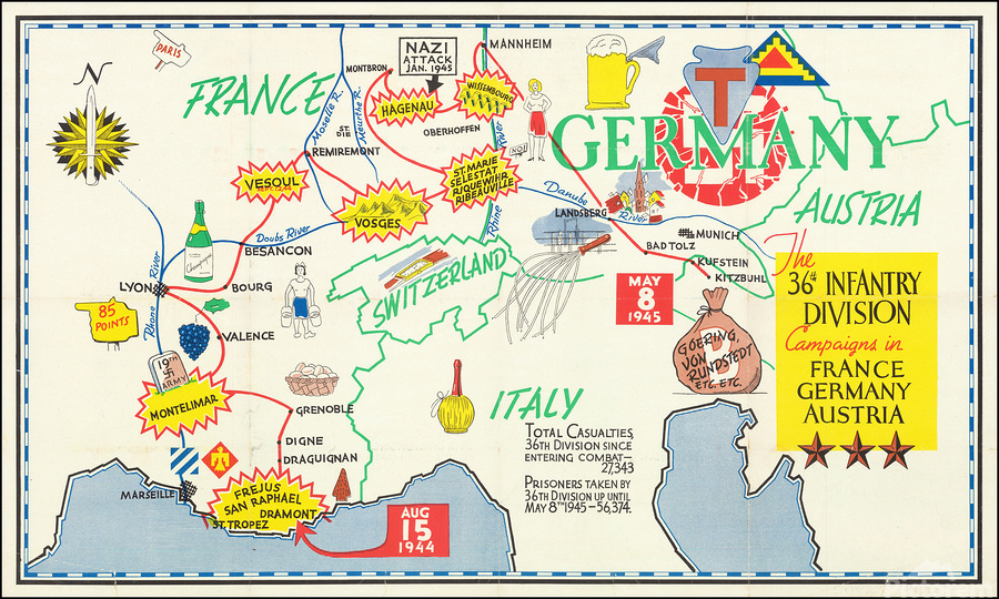 Triumphal Pictorial Map of the 36th Infantry Divisions Campaign in ...