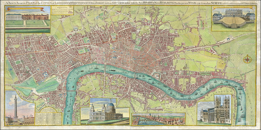 1798 Map of London England Depicting Georgian-Era Districts Bridges and ...