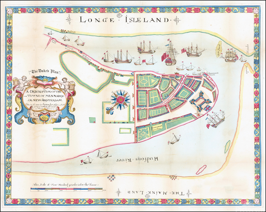 1664 Map of New York City in New Amsterdam Showing Streets Fortifications Dutch Colonial ...