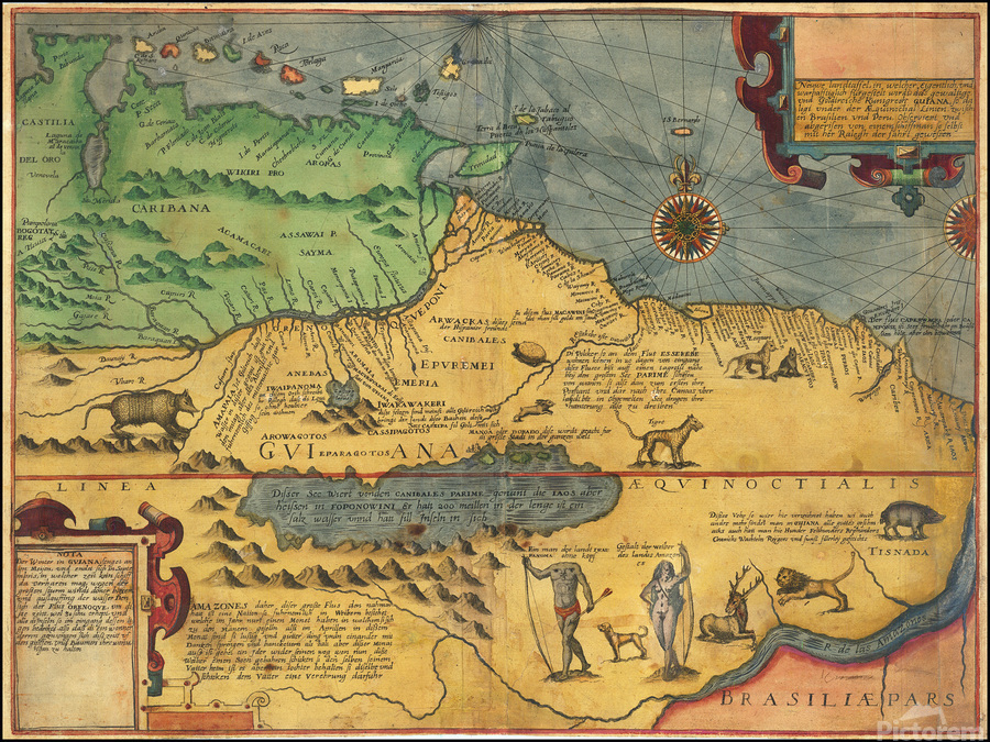 1599 Renaissance Map of South America Illustrating European Expeditions ...