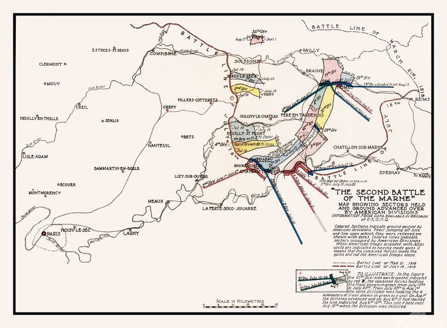 1918 Map of the Second Battle of the Marne – Vintage WWI Map Depicting ...
