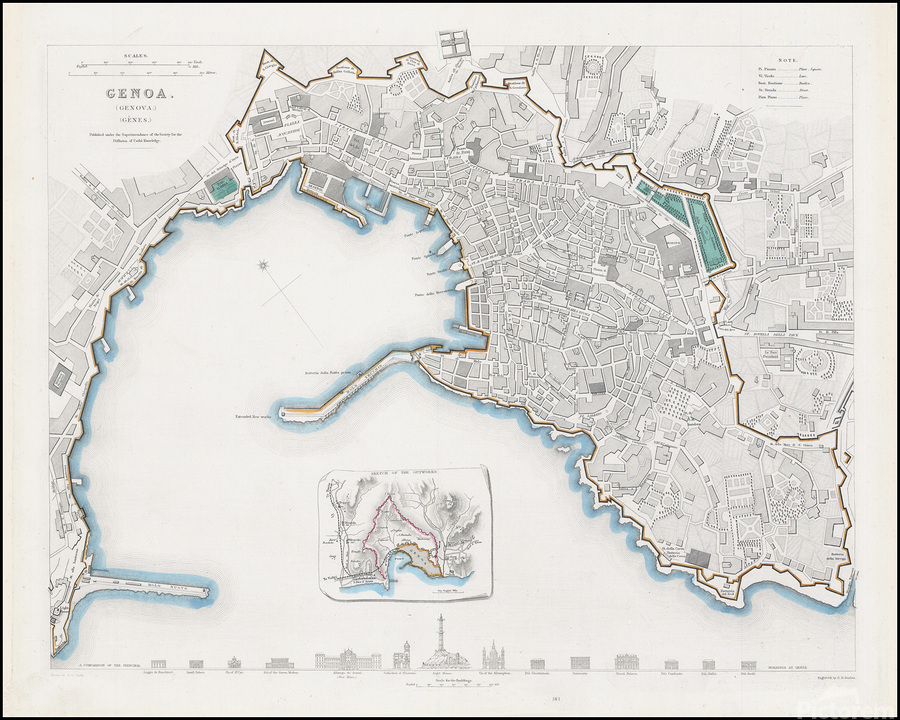 1836 Map of Genoa Italy by History In Your Home Wall Art
