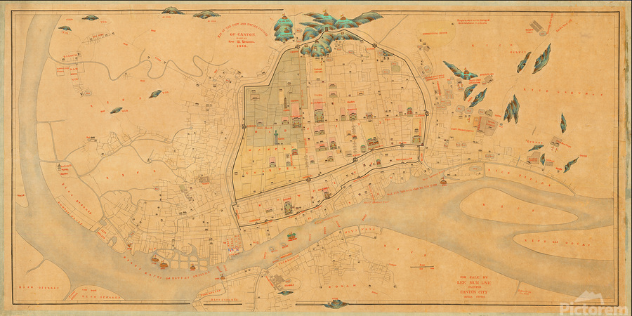 1855 Qing Dynasty Map of Former Canton Now Guangzhou China ...