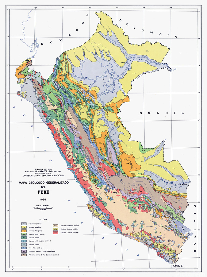 Geological Map of Peru Illustrating Andes Mountain Stratigraphy Mineral ...