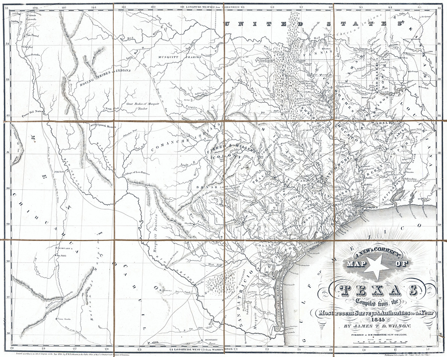 1845 T. D. Wilson’s Map of Texas Showing County Boundaries Settlements ...