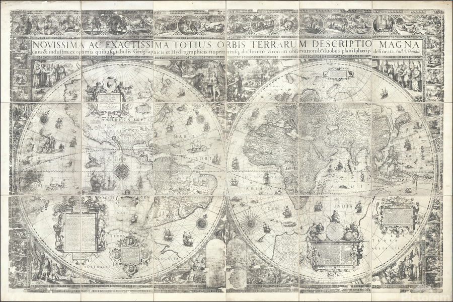 1611 Jodocus Hondius World Map Featuring Elaborate Baroque Cartouches ...
