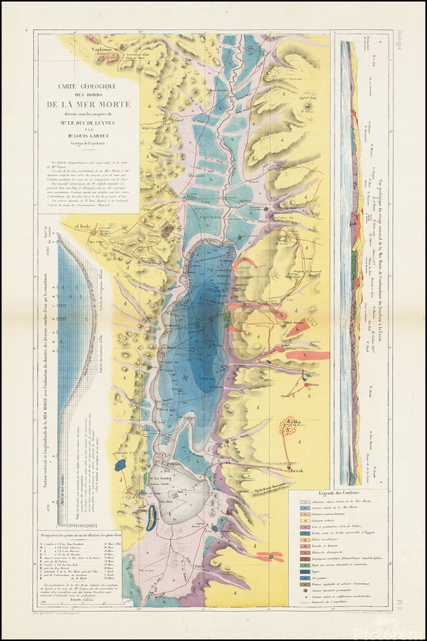 1874 Geological Map of the Dead Sea Showing Rock Strata Elevation and ...