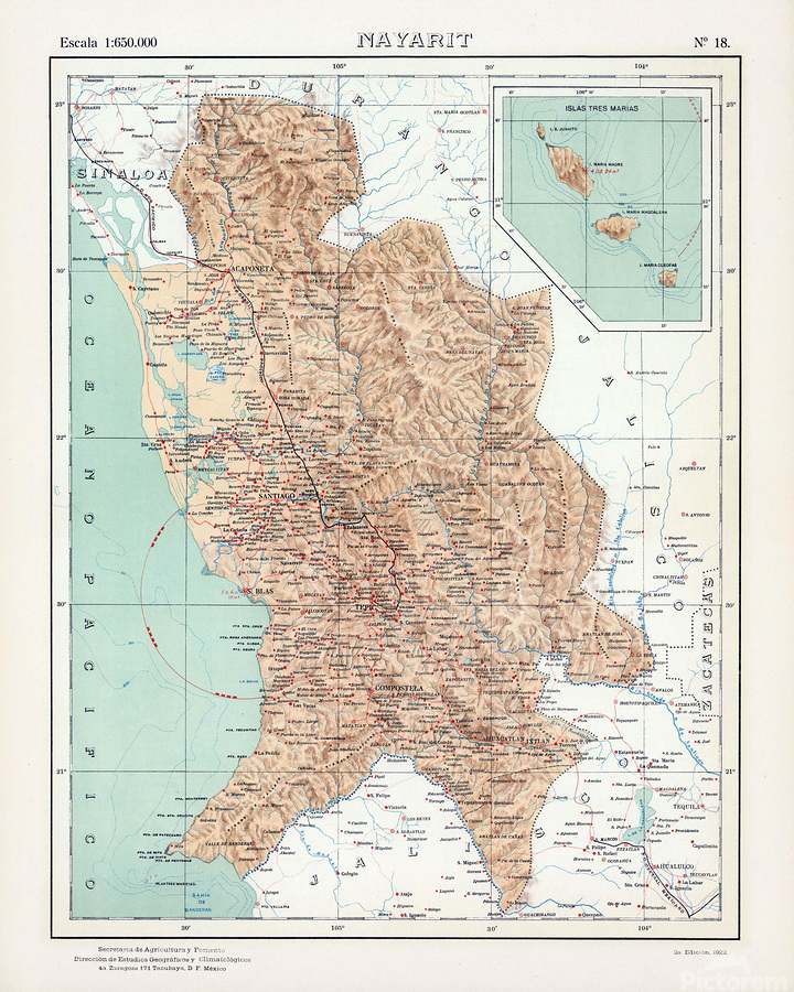 1922 Map of Nayarit Mexico – Early 20th Century Map Showing Political ...