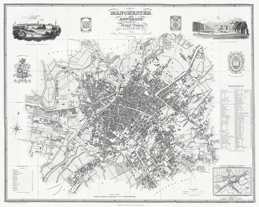 1824 Map of Manchester England Showing Industrial Districts Canals and ...