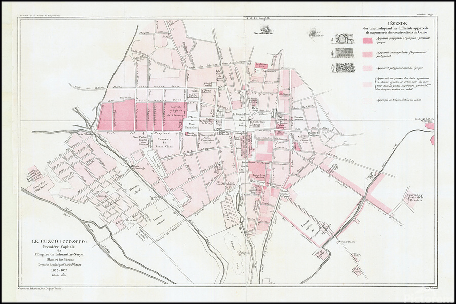 1880 Map of Cusco Peru Showing Inca Ruins Colonial Streets and Urban ...