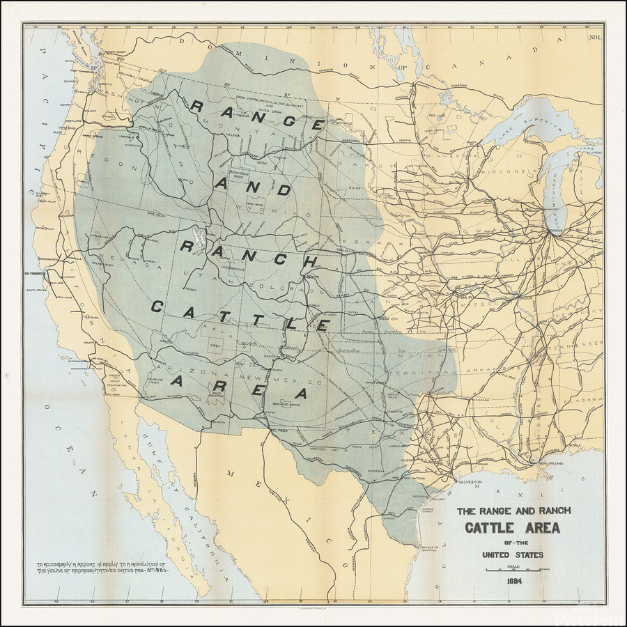 1884 Map of U.S. Cowboy Ranches and Cattle Industry – Historic Western ...