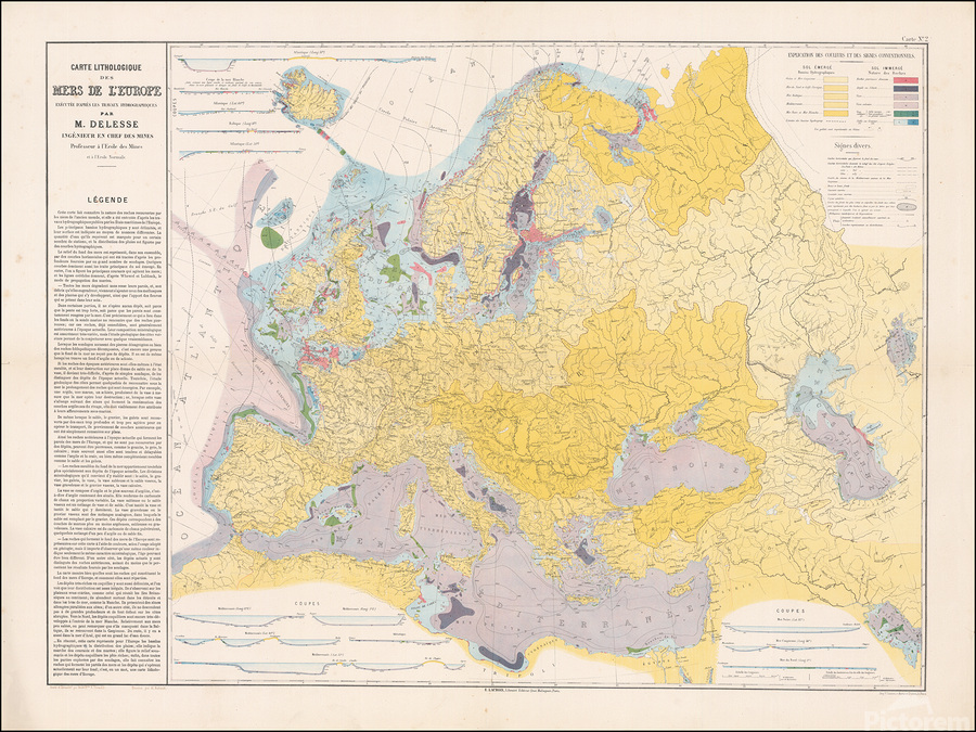 1872 Geological Map of Europe by History In Your Home Wall Art