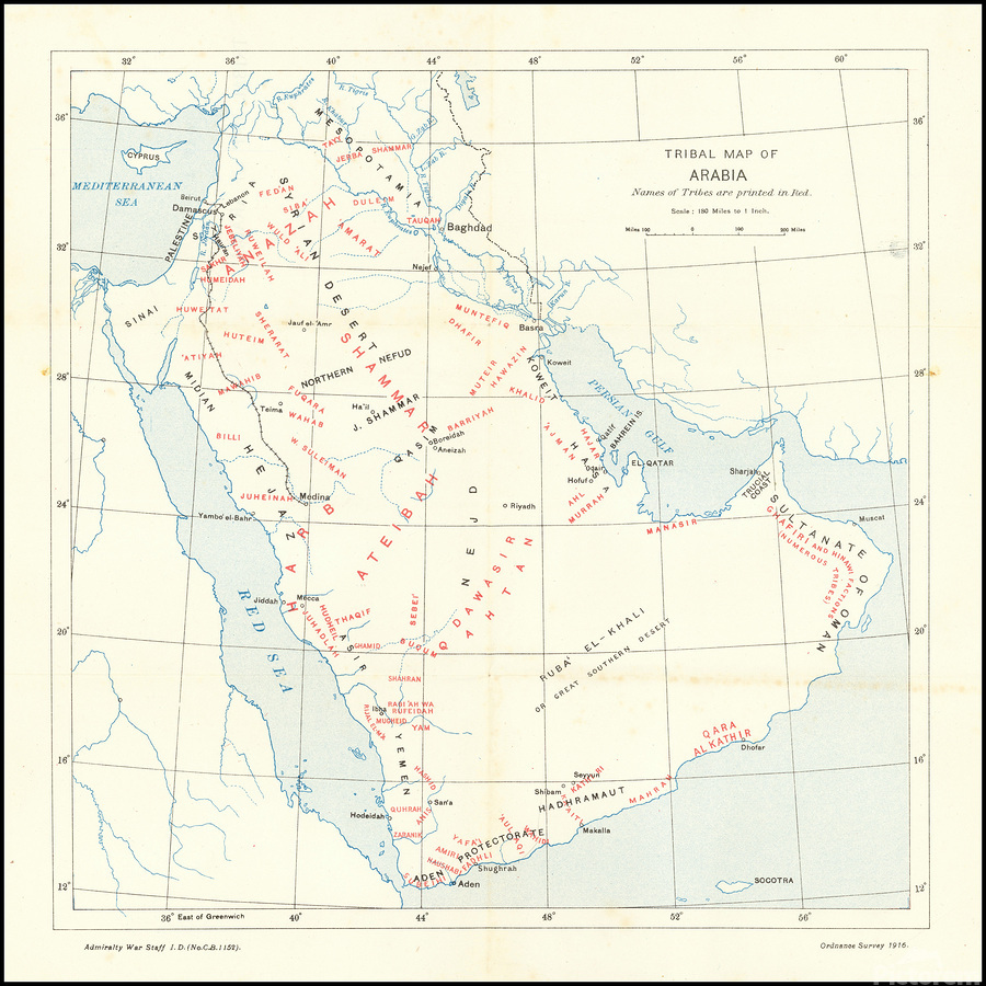 1916 Tribal Ethnological Map of Arabia by History In Your Home Wall Art