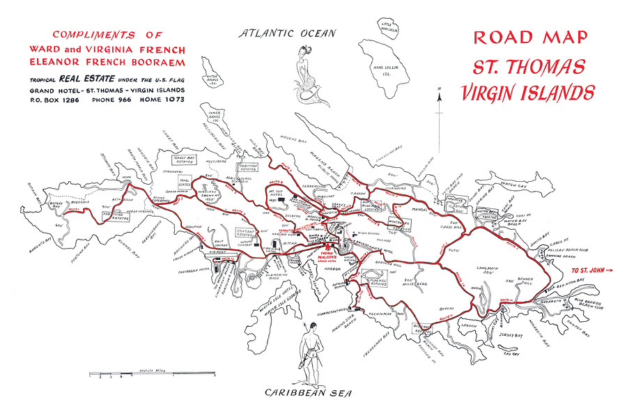 Map of Saint Thomas in the Virgin Islands Showing Danish Colonial Forts ...