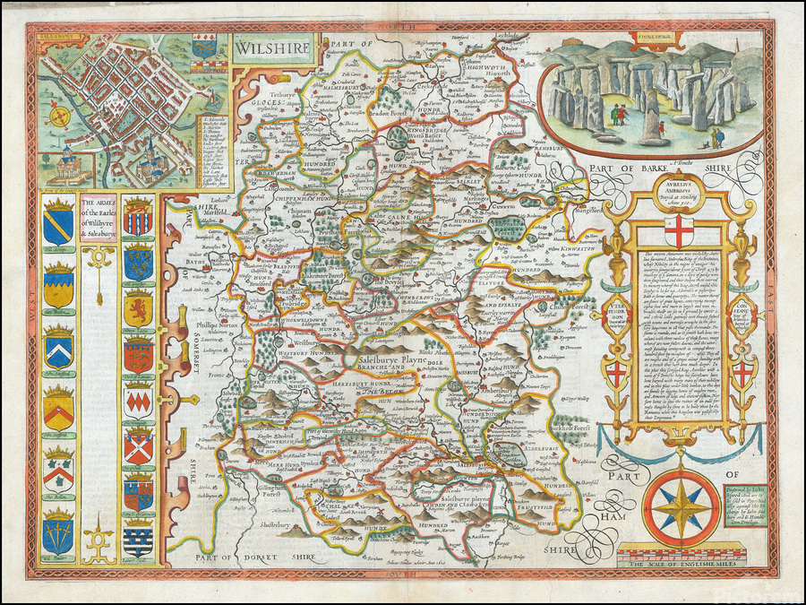 1610 John Speed Map of Wiltshire England Showing Hundreds Towns and ...