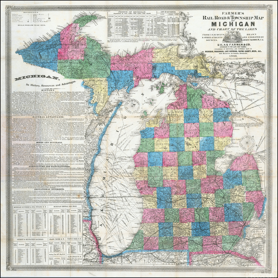 1866 Map of Michigan – Post-Civil War State Map Depicting Railroads ...