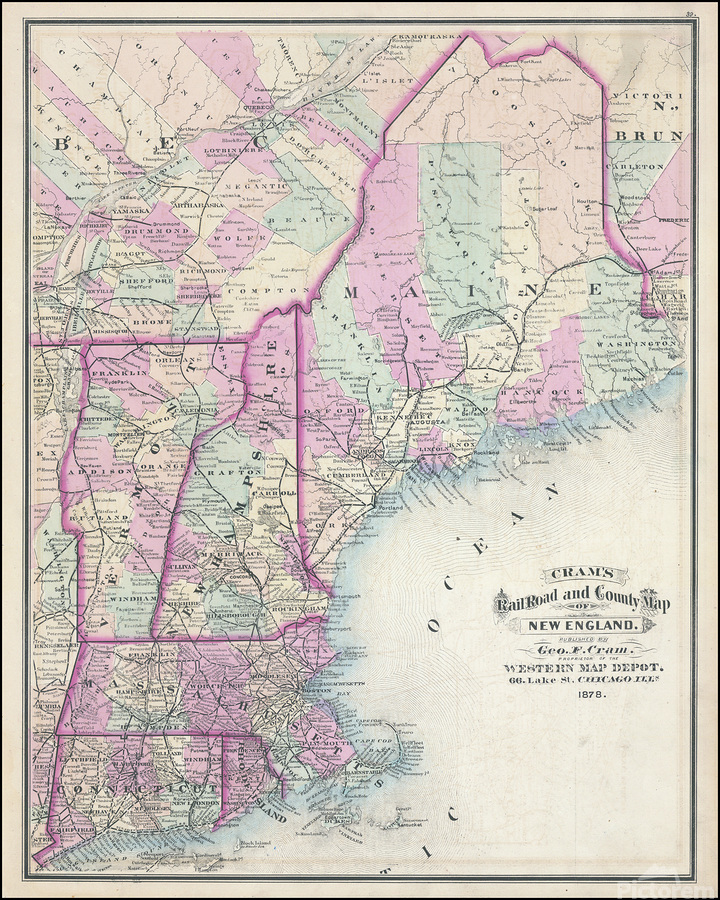 1878 Map of New England – Regional Historical Chart Detailing State ...